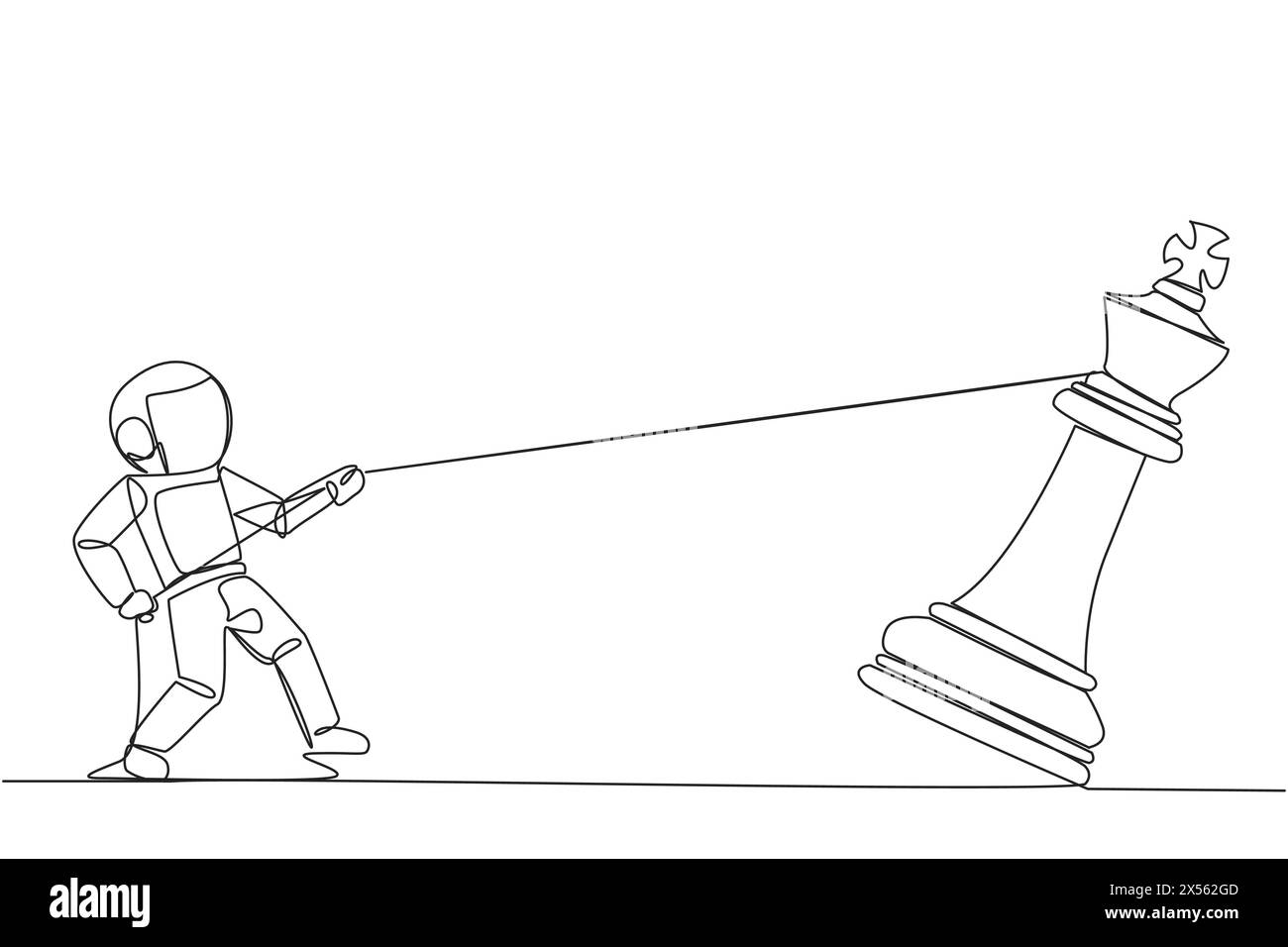 Continuous one line drawing young energetic astronaut pulling big king chess with rope. Business ...