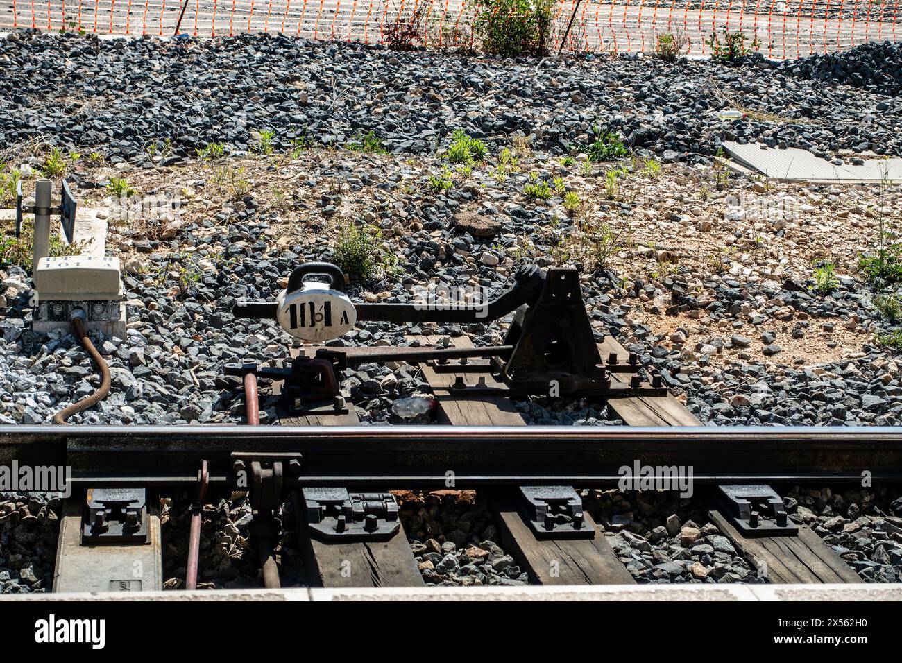 Manual Railroad Switch Lever Against a Background of Gravel and Tracks ...