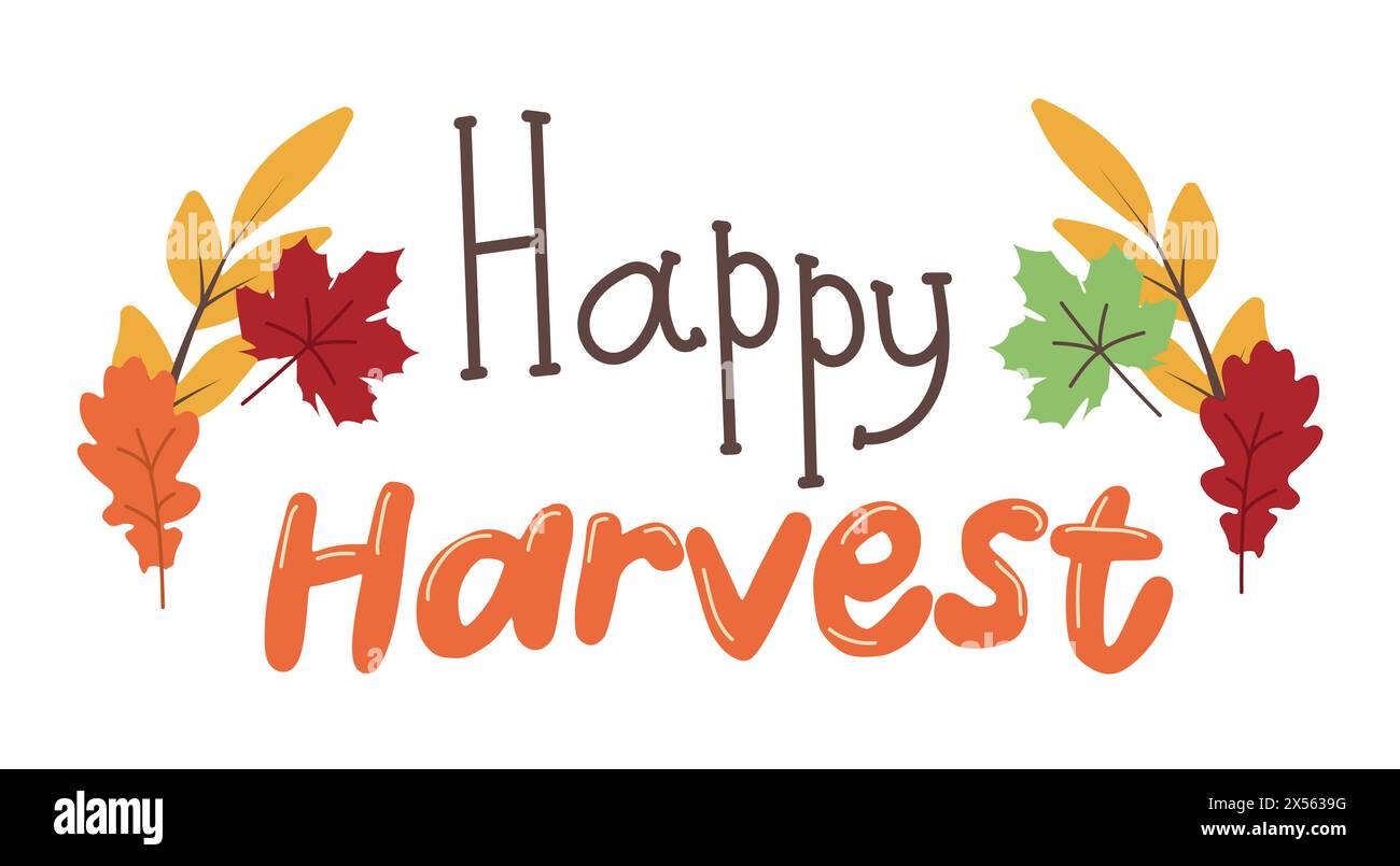Happy Harvest lettering. Hand drawn lettering with autumn leaves on ...