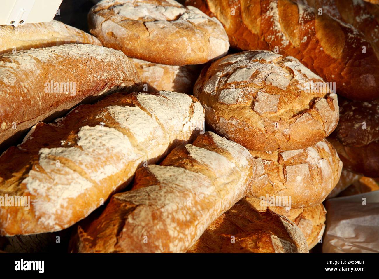 Stacked breads, market at Place des Lices Square, Rennes, Bretagne ...