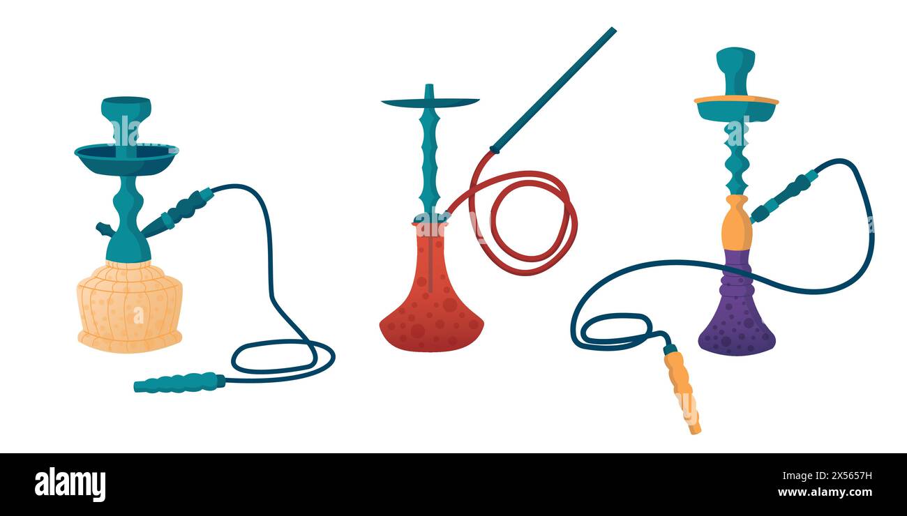 Collection of Hookah illustrations in flat style isolated on white background. Lounge bar and ...