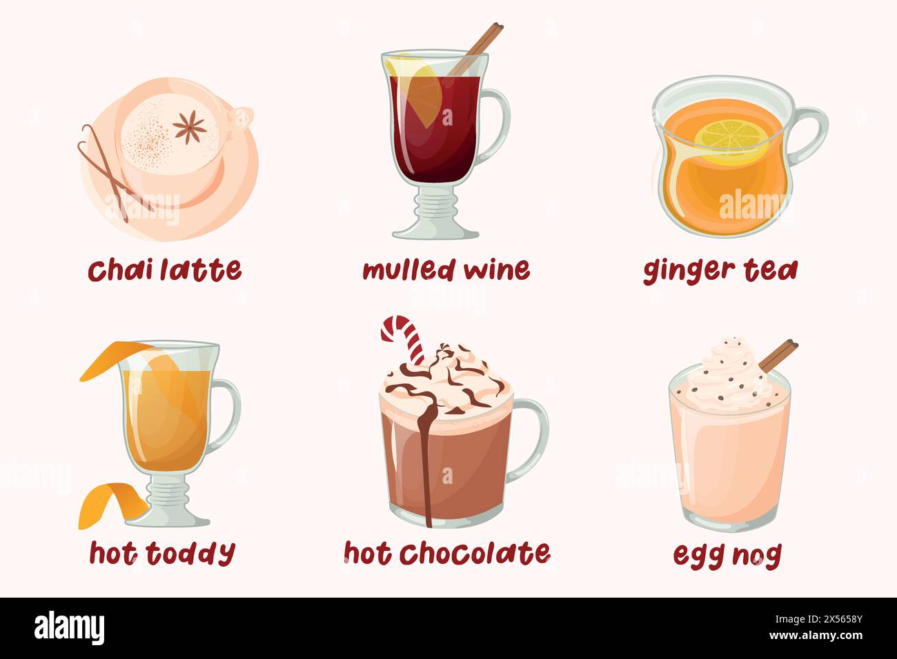 Set of delicious hot drinks for winter time. Chai Latte, Mulled Wine ...
