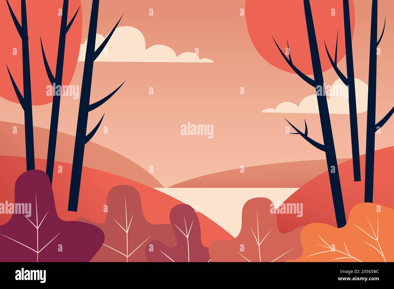 Autumn landscape with trees, hills, fields and bushes. Countryside ...