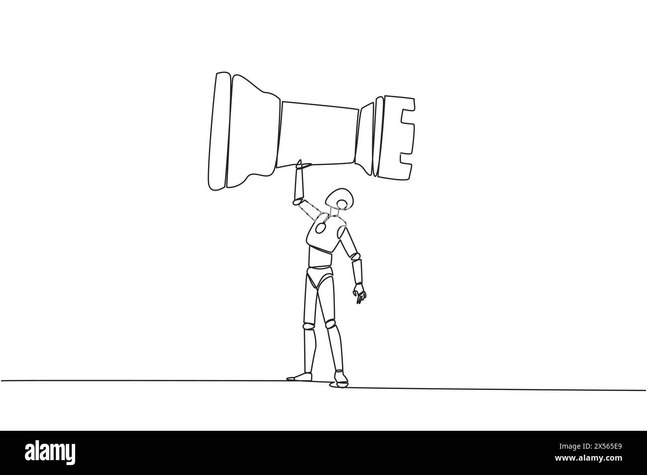 Single continuous line drawing robot smart technology holding, lifting rook chess piece ...