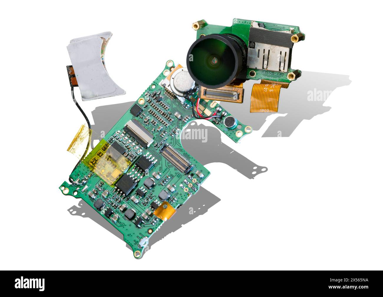Electronic parts of sports cameras on white background with shadow ...