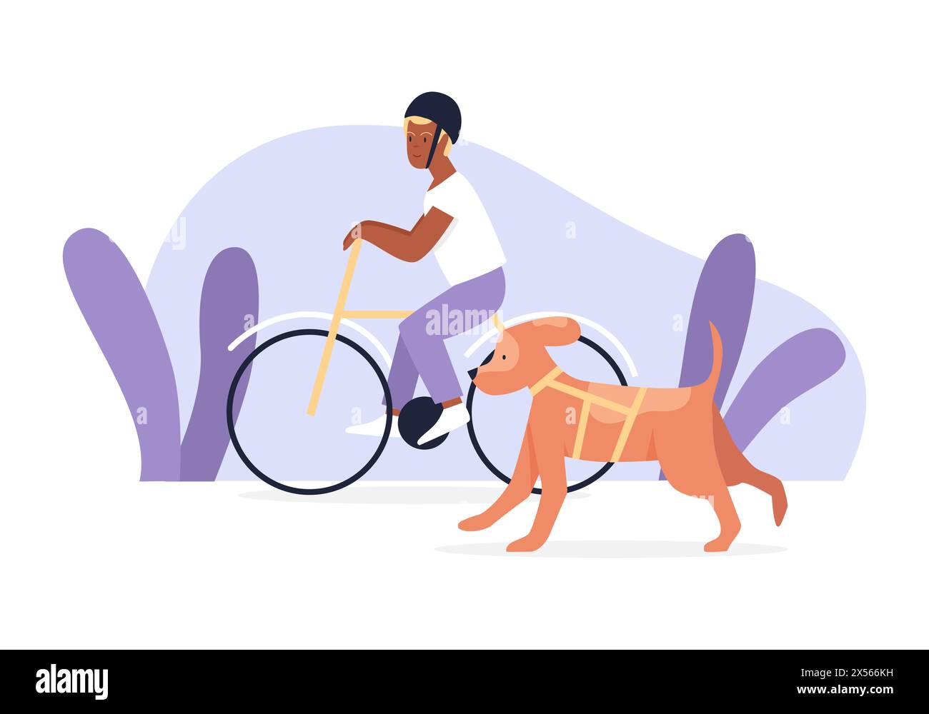 Man cyclist wearing helmet and happy dog on bike ride together vector ...