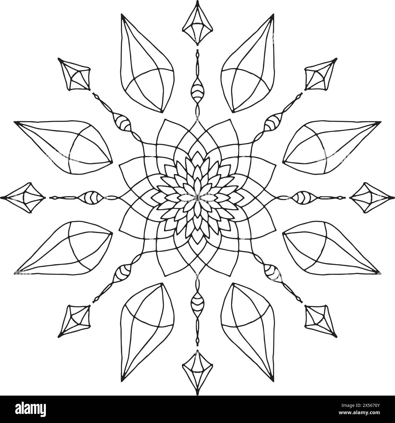 Abstract mandala design with concentric circles, gems, and leaves Stock ...