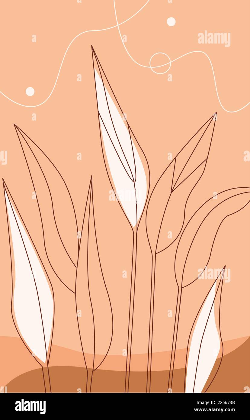 Abstract leaf pattern, line sketch of leaves and plants with details ...