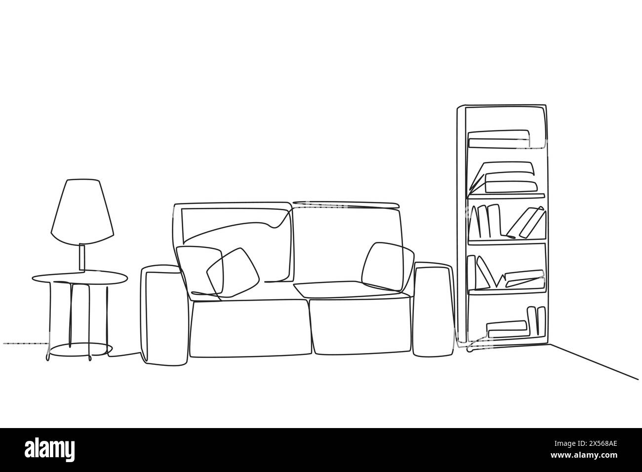 Single one line drawing stylish room with full furniture modern. Living ...