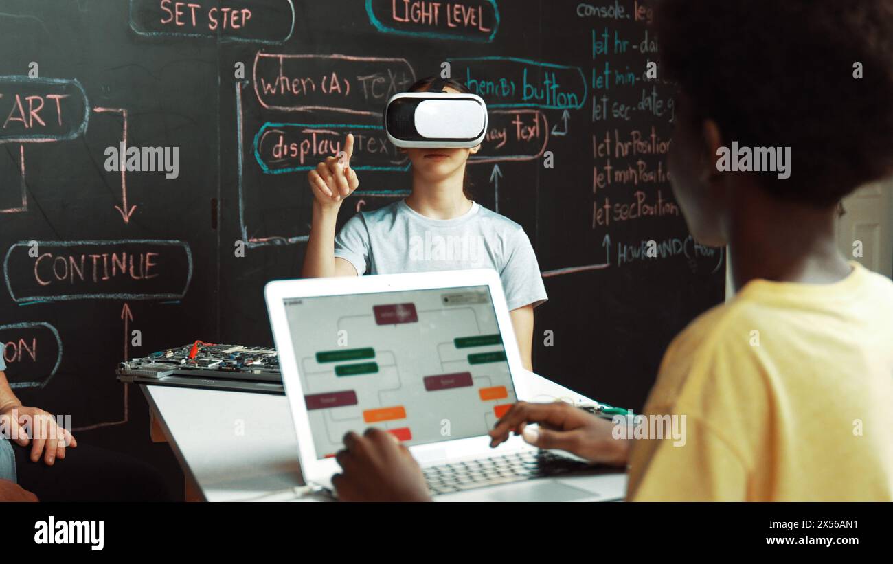 African boy programing system while caucasian girl enter metaverse ...