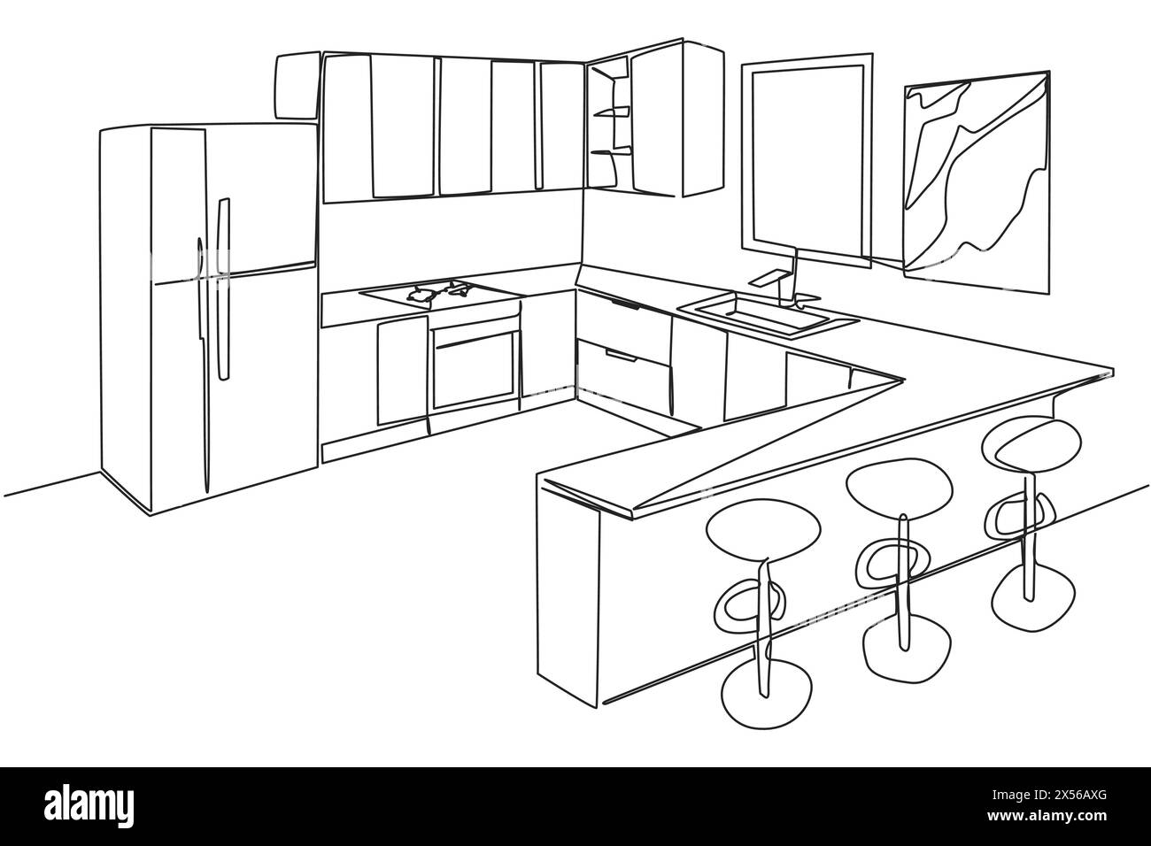 Single one line drawing stylish kitchen with full furniture modern. A ...
