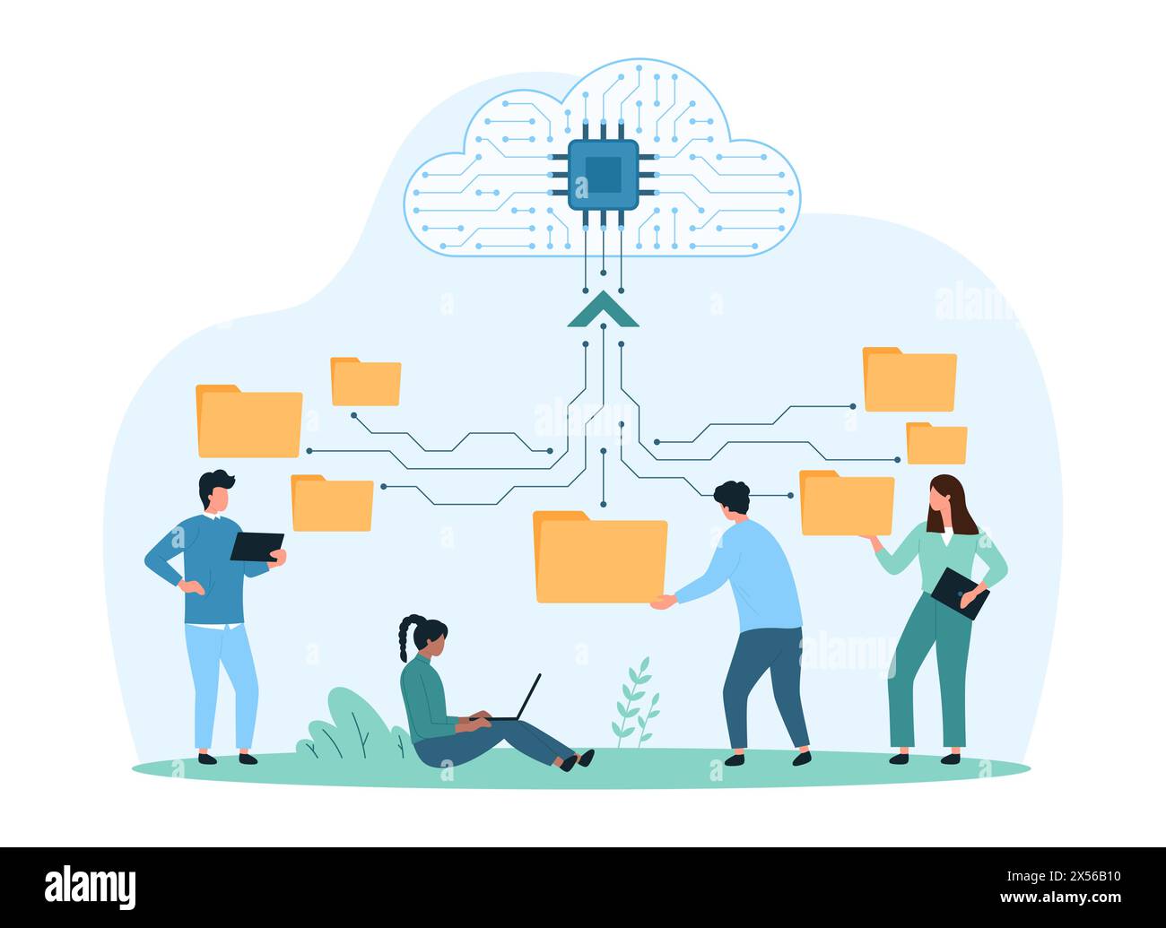 Cloud data storage, file backup organization. Tiny people organize directory information online ...