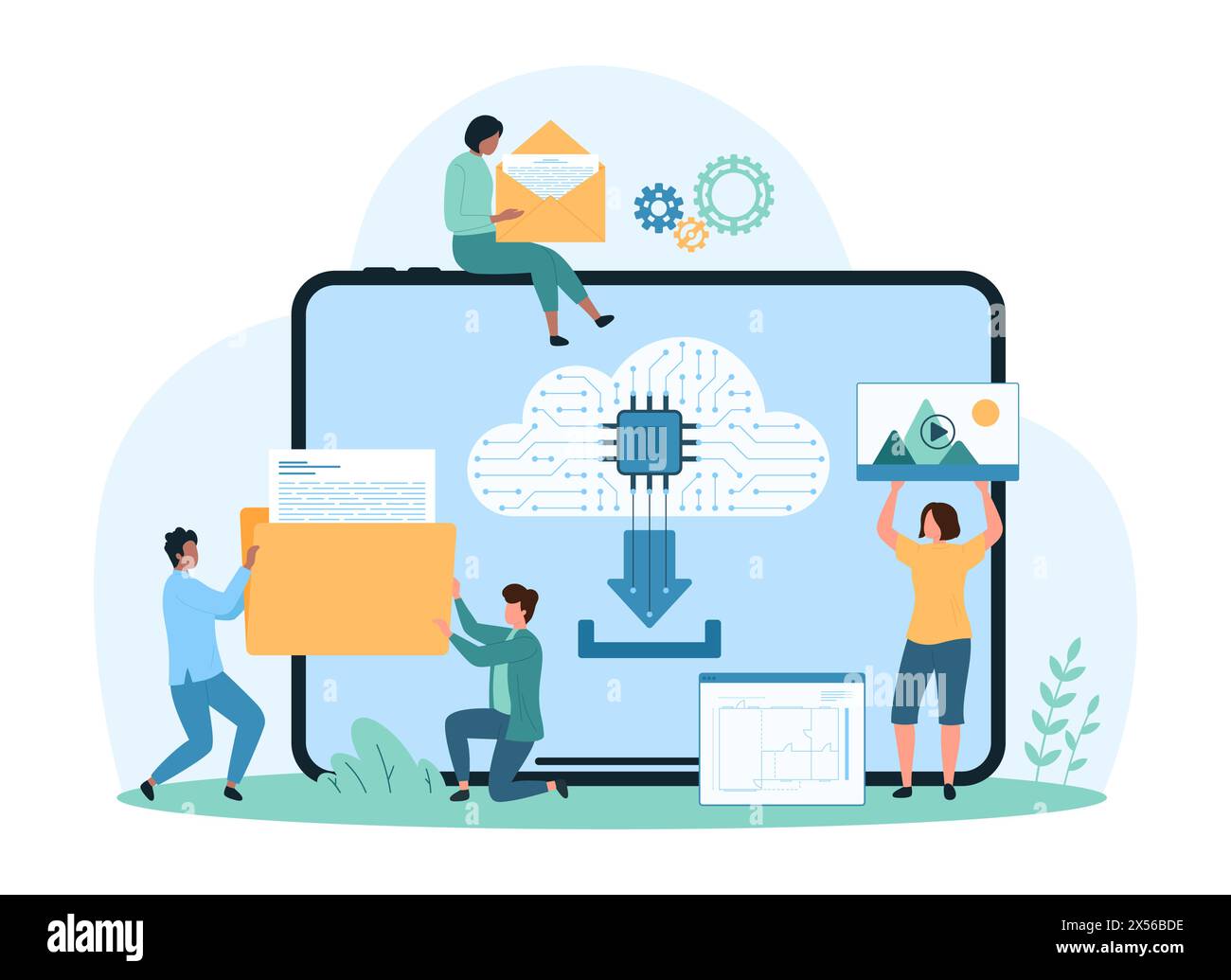 Cloud data storage, online service. Tiny people upload files and folders to cloud on tablet ...