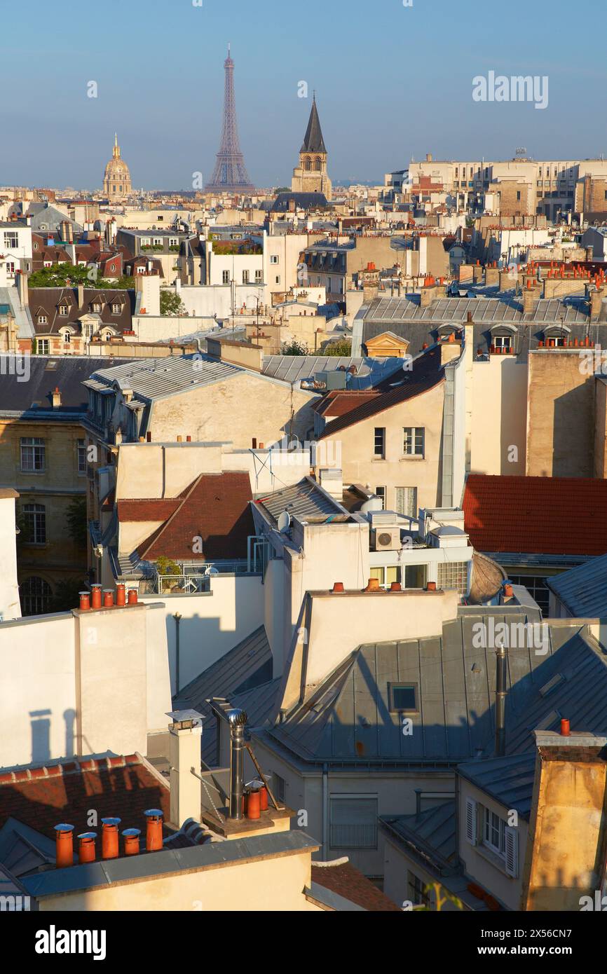Parisian rooftops. City view. Eiffel Tower, Les Invalides and Saint Germain des Pres church from ...