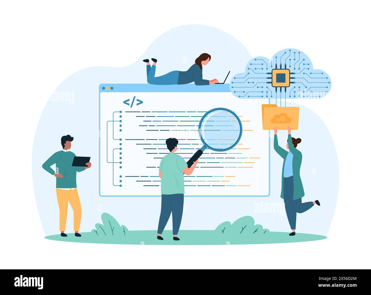 Coding with digital cloud platform, computing. Tiny people study ...