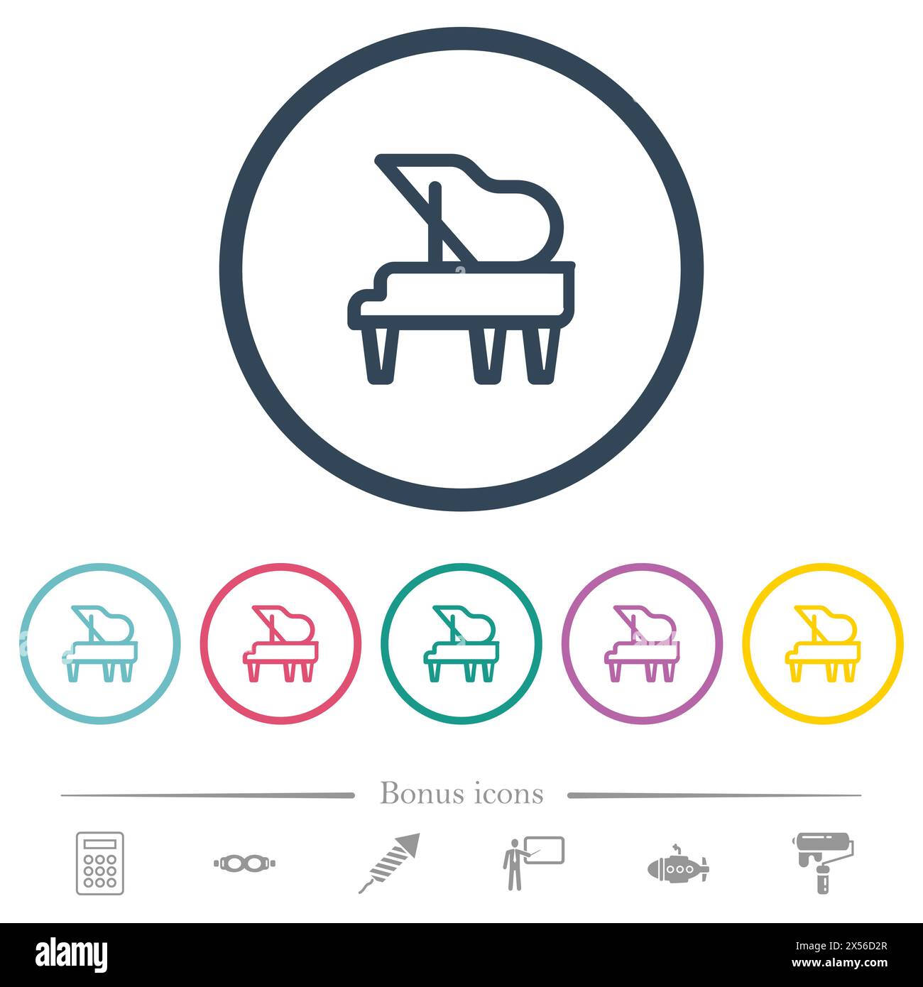 Grand piano outline flat color icons in round outlines. 6 bonus icons ...