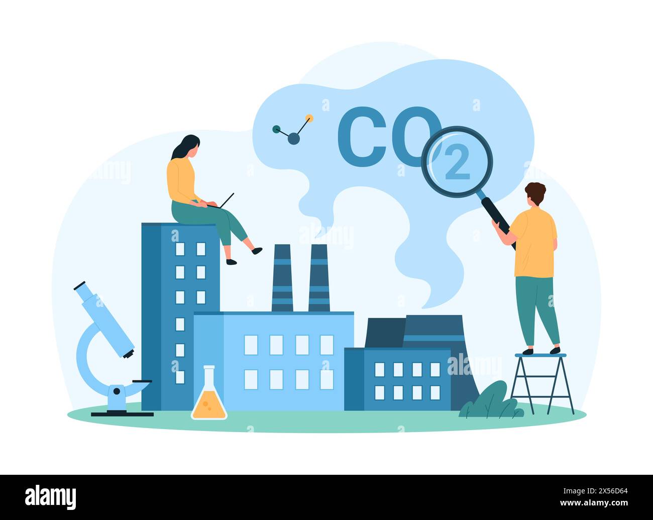 Air pollution with carbon dioxide. Tiny people research greenhouse gas ...
