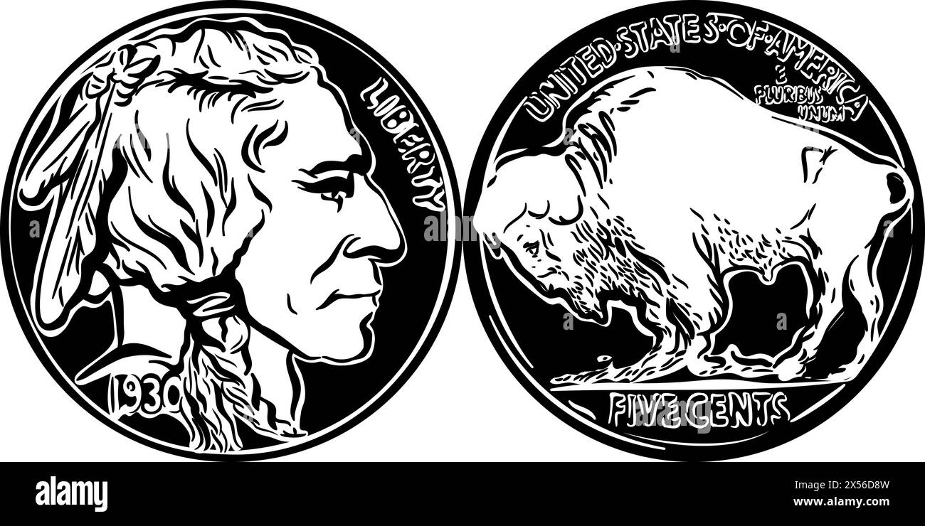 American money, Buffalo nickel 5 Cent Coin, obverse with Indian Head ...