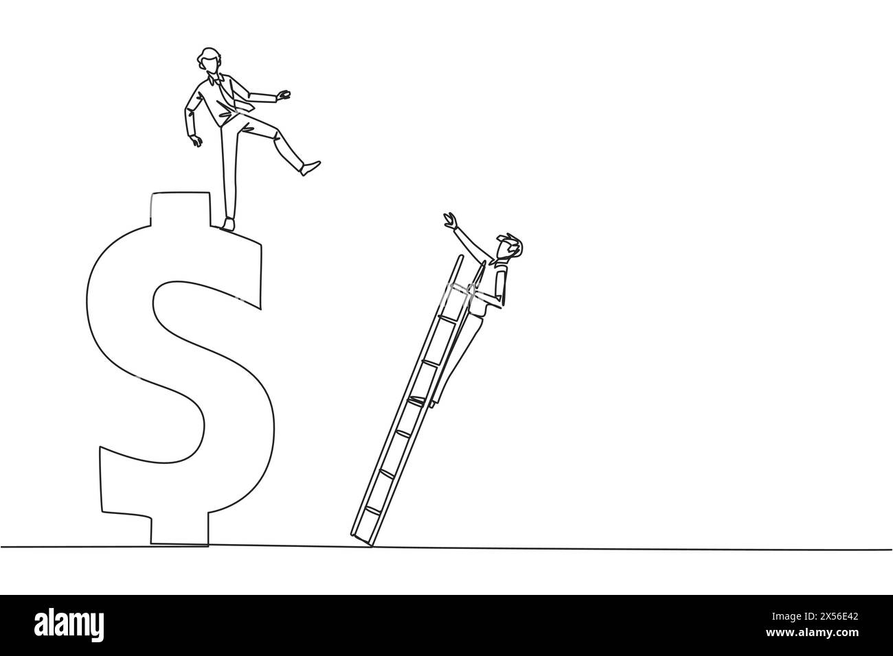 Single continuous line drawing businessman kicks his rival who is ...