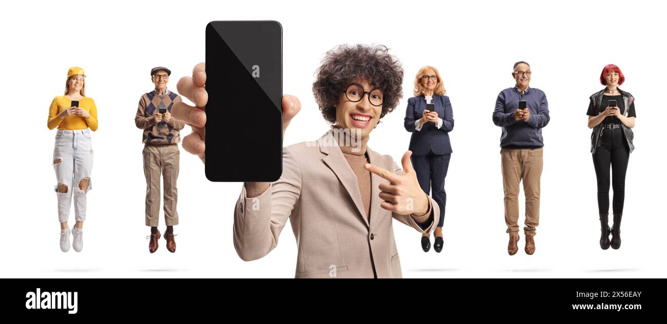 All generations using smartphones isolated on white background, modern ...