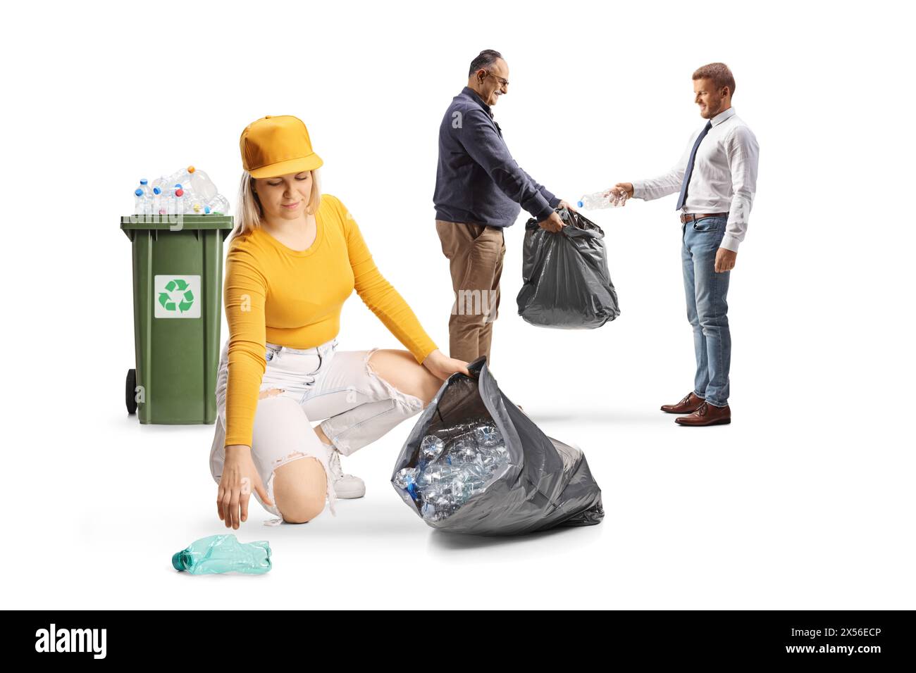 Young female collecting plastic bottles from the floor and people ...