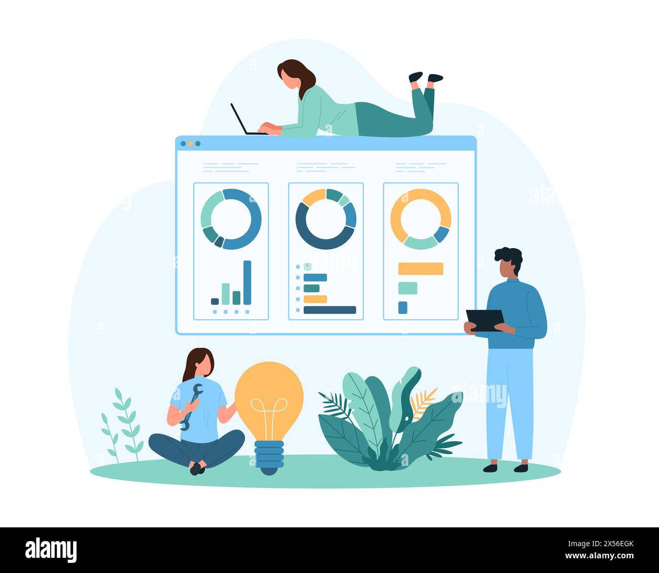 Data analytics and visualization for creative solution. Tiny people brainstorm and work with ...