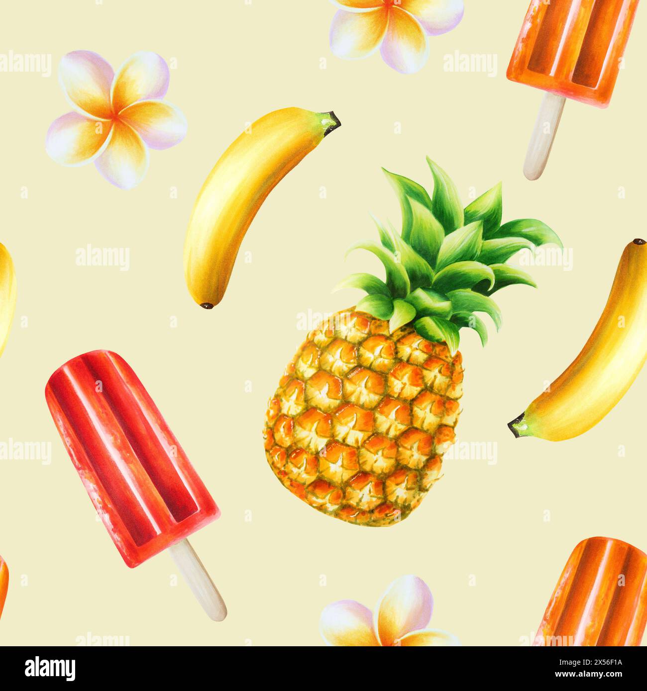 Fruit ice cream, pineapple, banana, frangipani seamless pattern ...