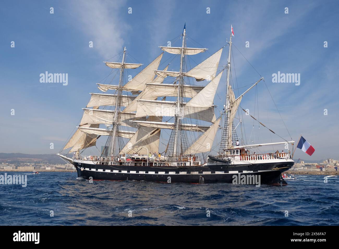 The French three-masted ship Belem seen at the bay of Marseille. The ...