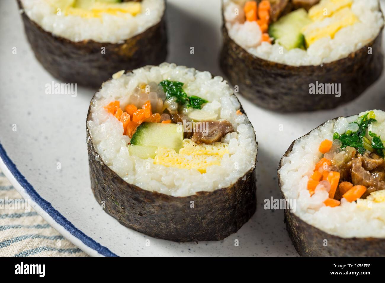 Homemade Korean Kimbap Rolls with Beef Egg and Vegetables Stock Photo ...