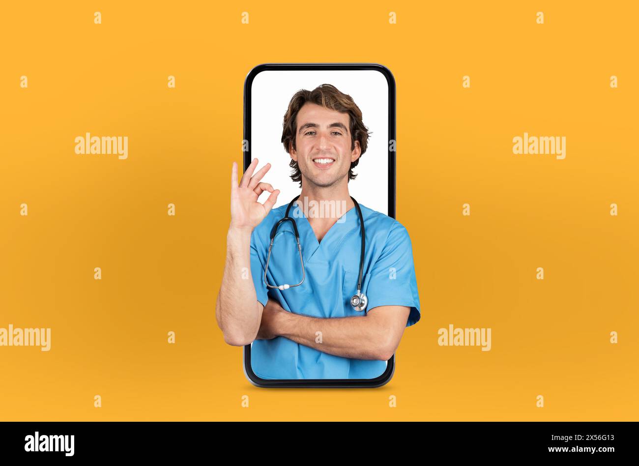 Modern Telehealth Services with Young Man Doctor on Screen Stock Photo ...
