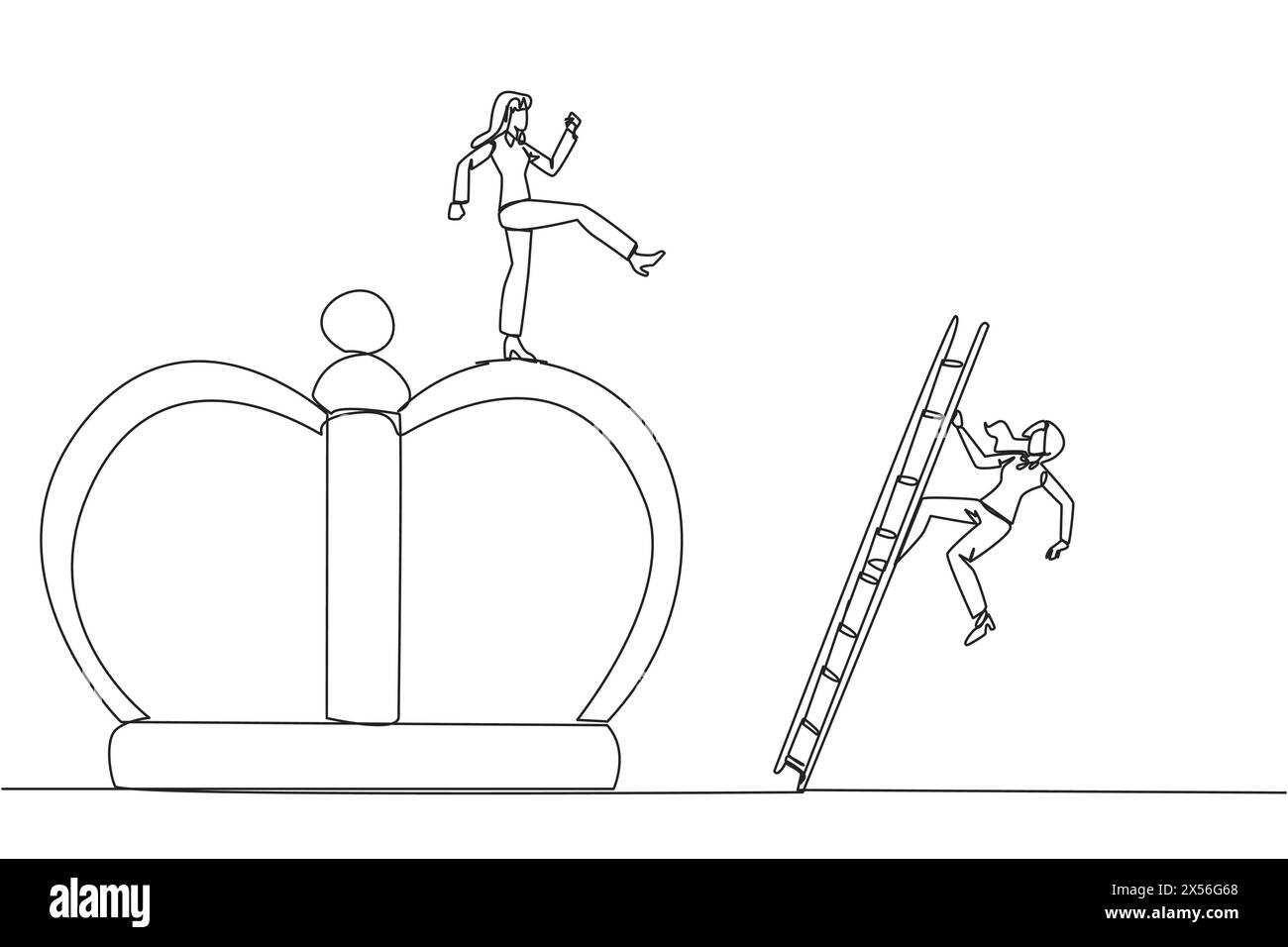 Single one line drawing businesswoman kicks opponent who is climbing ...