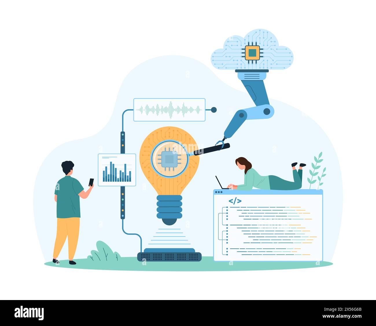 Search and development of tech creative ideas for digital projects. Tiny people and robotic hand ...