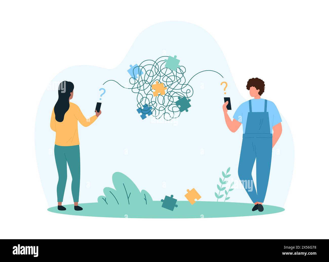 Misunderstanding barrier in online communication. Tiny people with ...