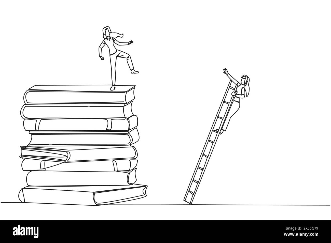 Single one line drawing businesswoman kicks opponent who climbing a ...