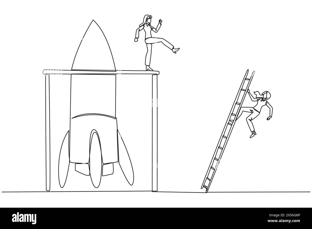 Single one line drawing businesswoman kicks opponent who climbing the ...