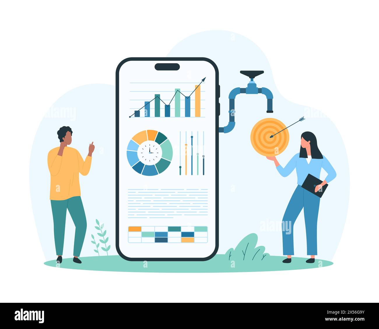 Data statistics processing, analytics in mobile app. Tiny people analyzing graphs and charts ...