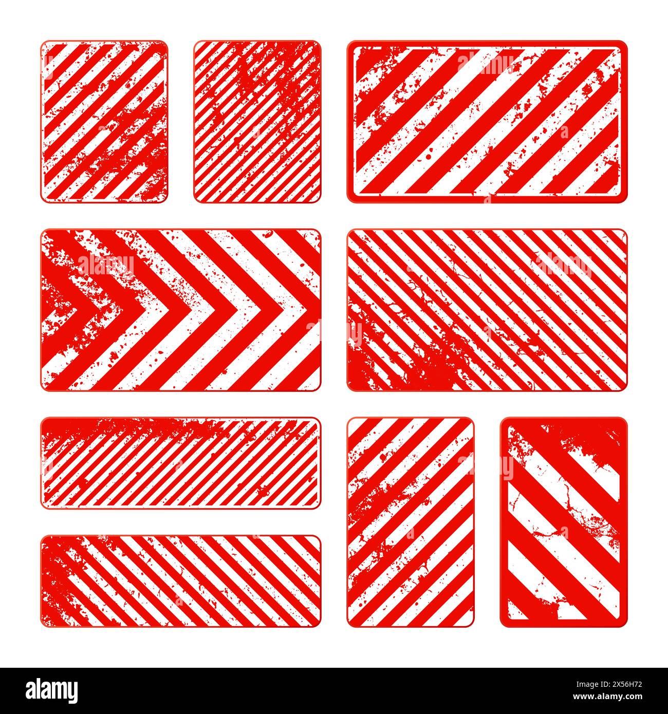 Red grunge warning signs with diagonal lines. Old attention, danger or ...