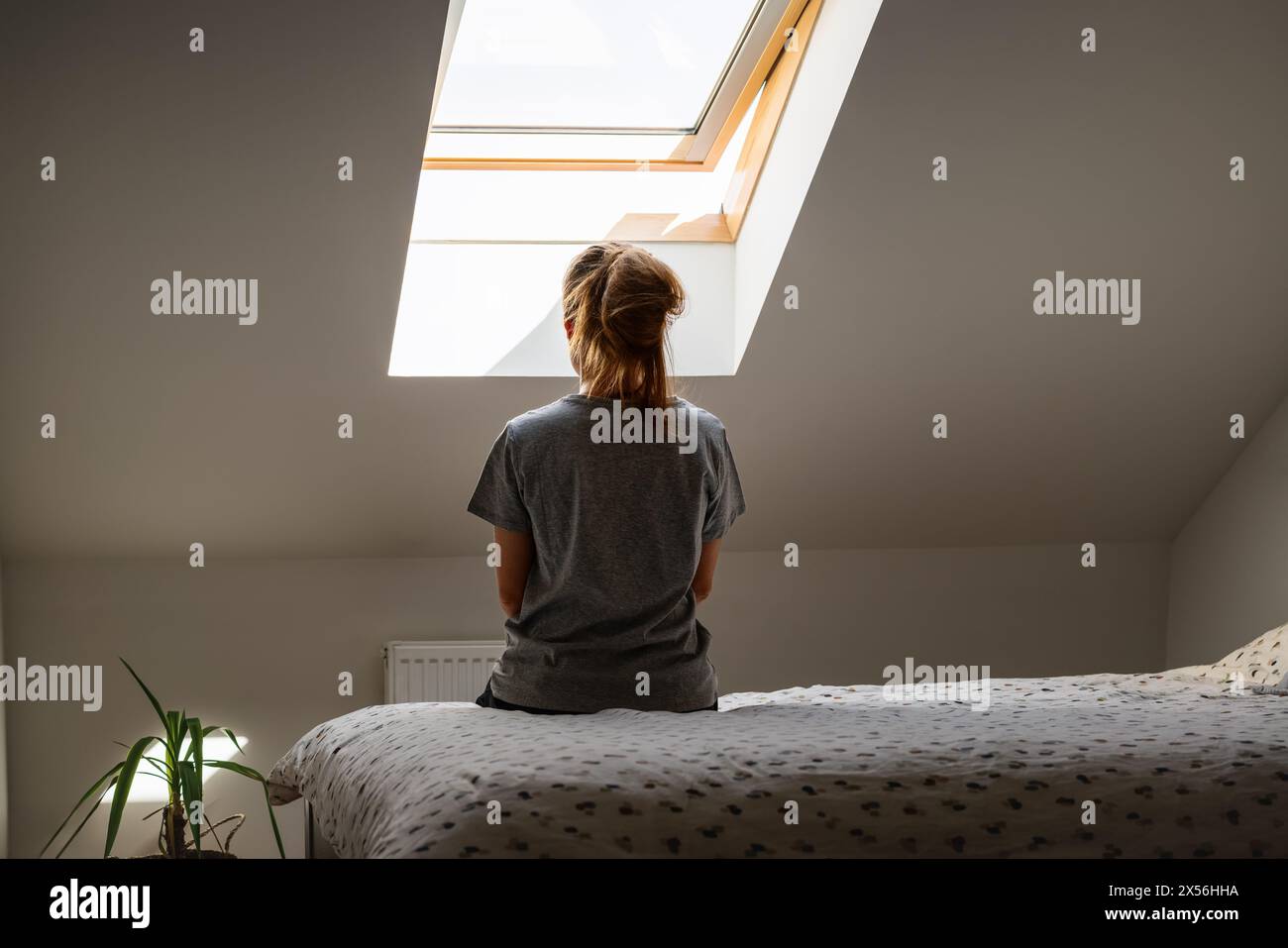 Rear view lonely woman depressed sits on alone on bed at home. Mental ...