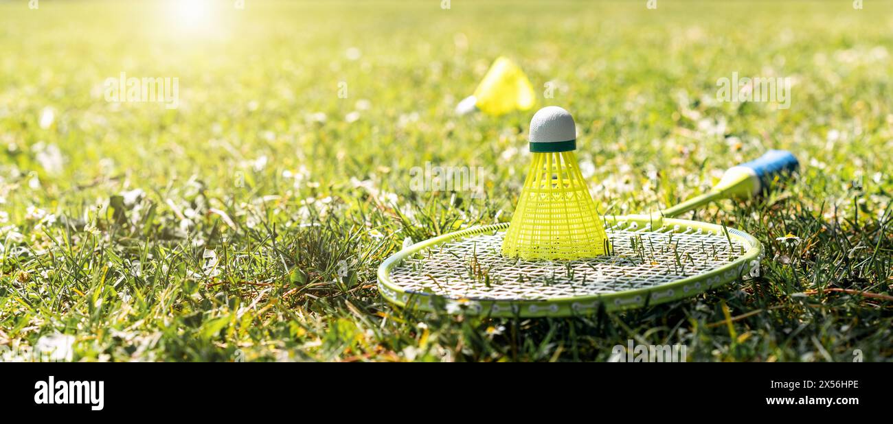 Badminton racket and shuttlecock on the green lawn in the city park ...