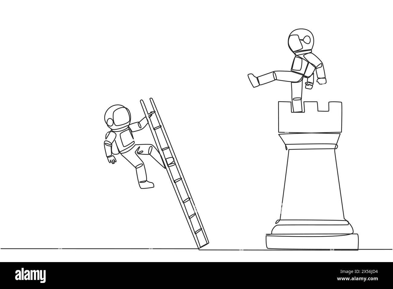 Single one line drawing astronaut kicks opponent who climbing the chess ...