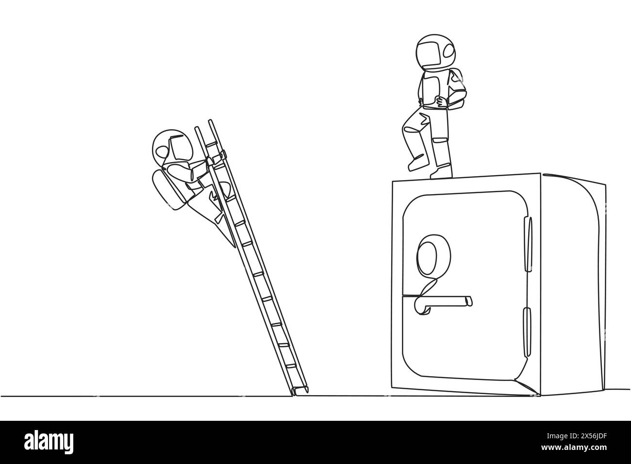 Continuous one line drawing astronaut kicks opponent who is climbs safe ...