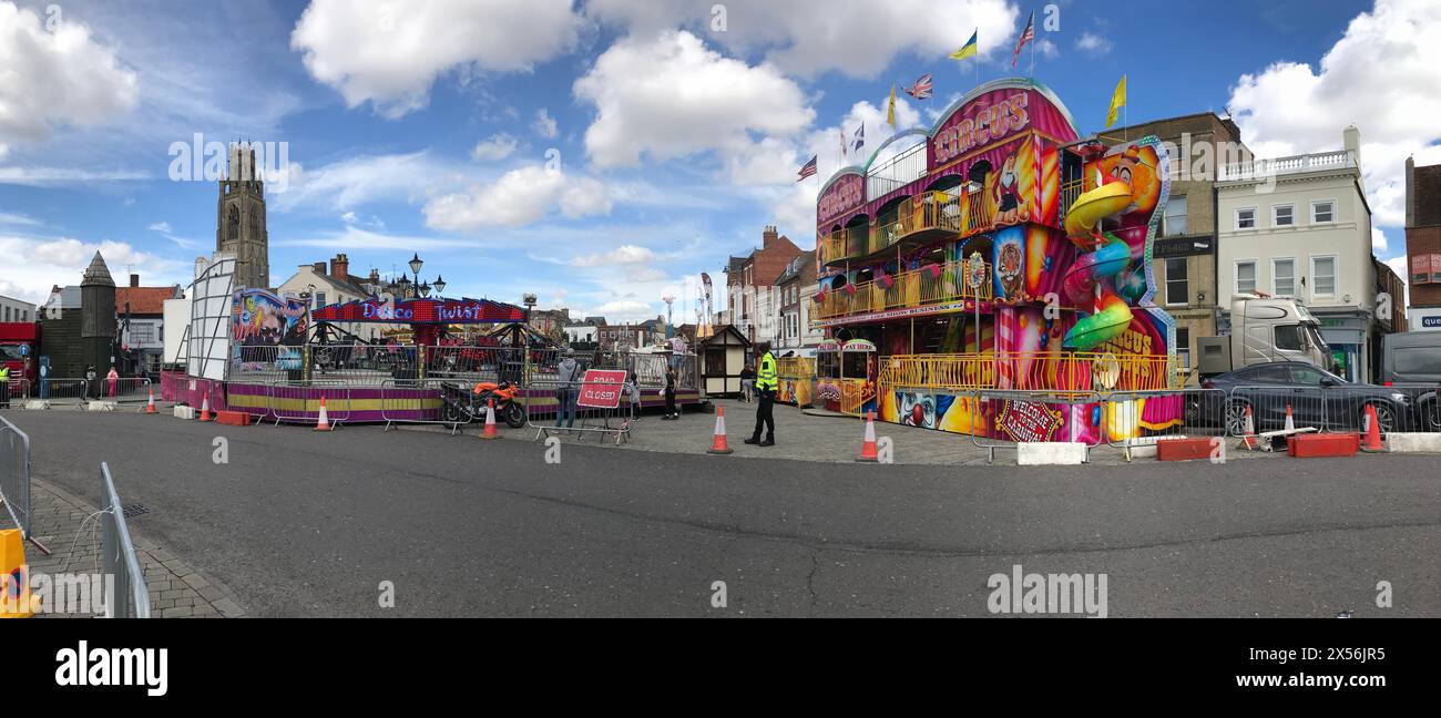 Panorama view of the annual May fair in the town marketplace Stock ...