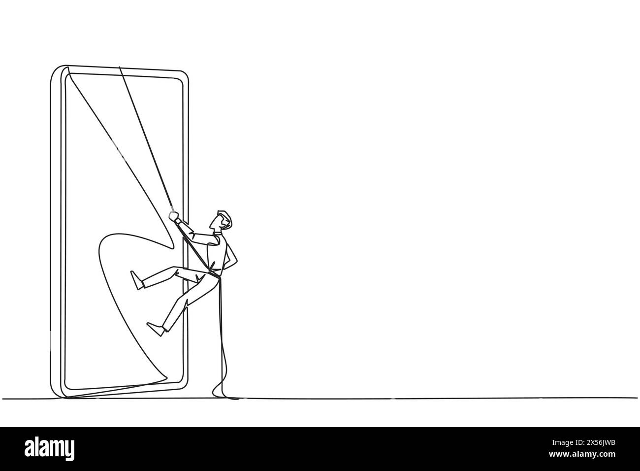 Single continuous line drawing businessman climbing smartphone with ...