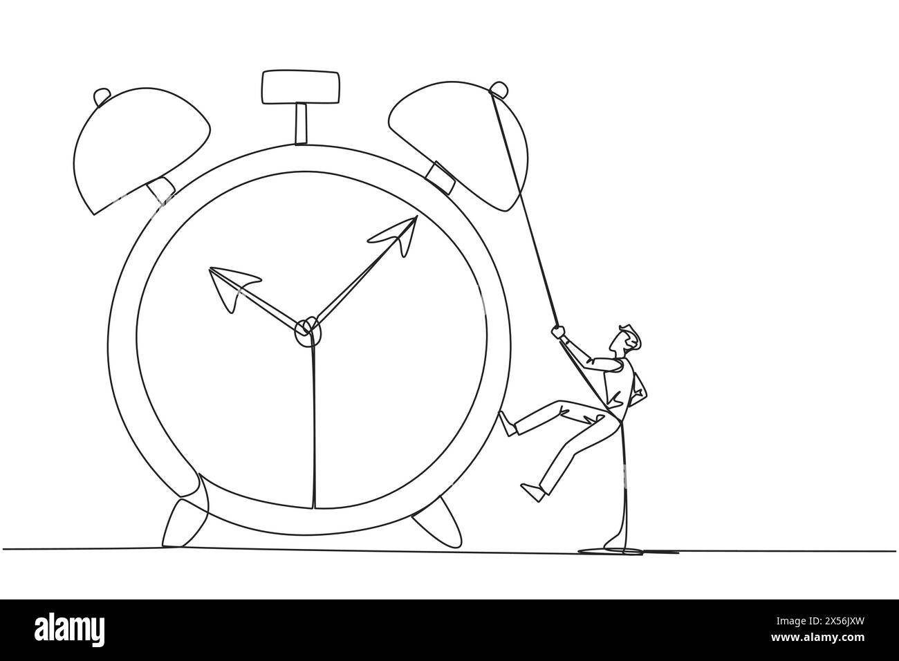 Single continuous line drawing businessman climbing alarm clock with ...