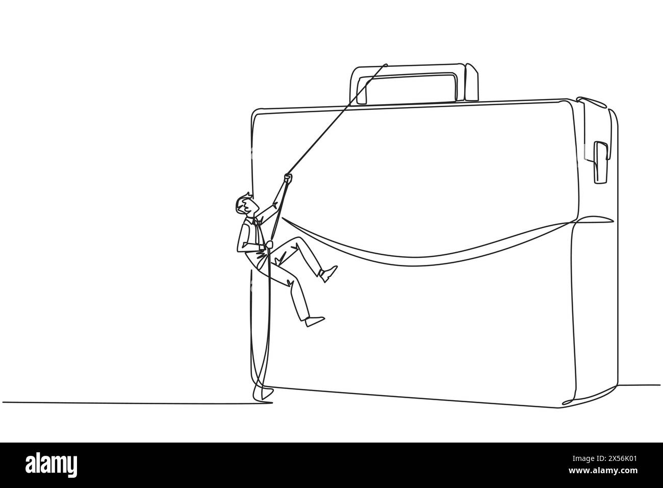 Single one line drawing businessman climbs briefcase with rope. A ...