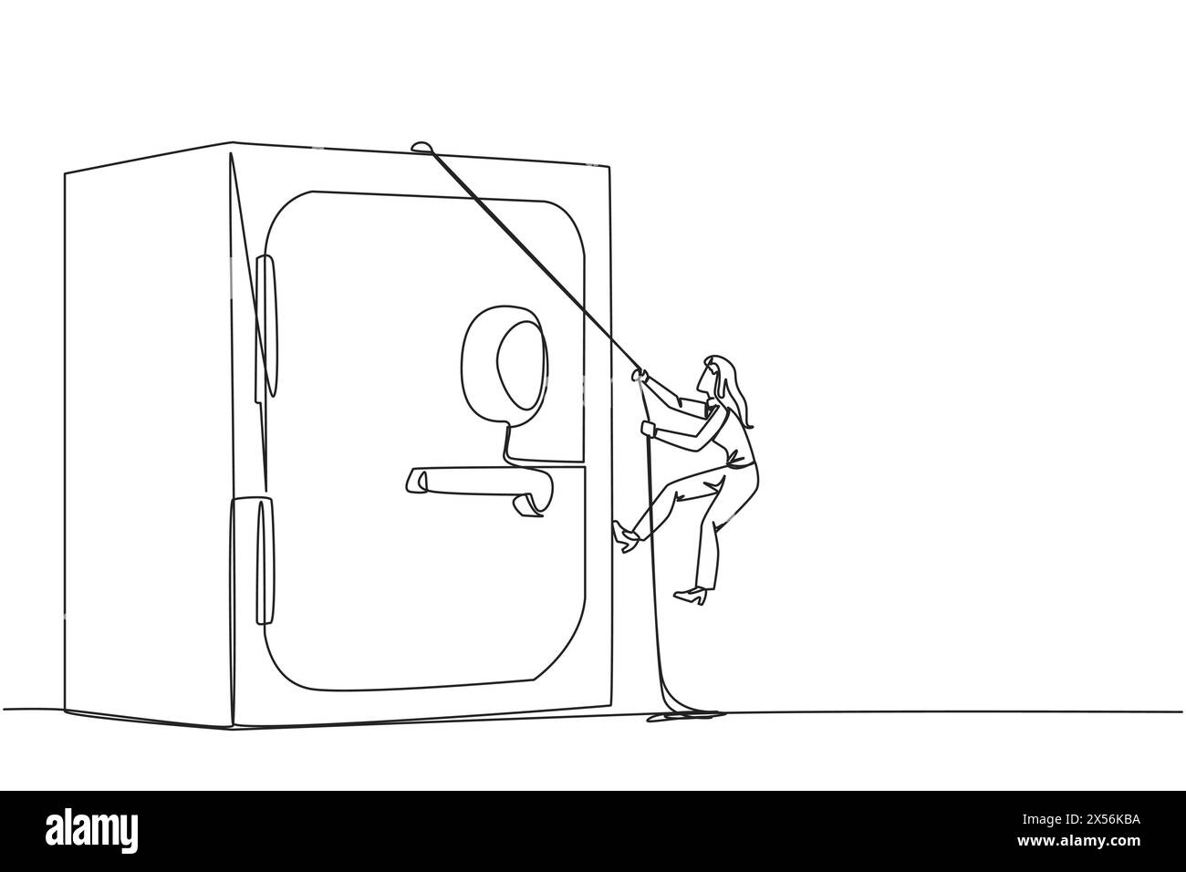 Continuous one line drawing businesswoman climbs safe deposit box with ...