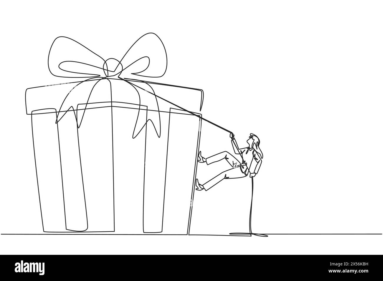 Continuous one line drawing businesswoman climbs gift box with rope ...