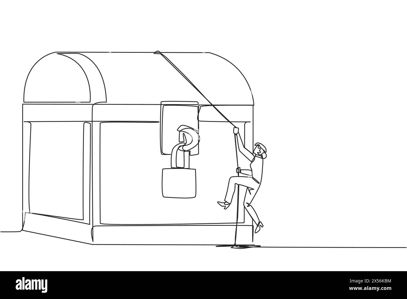 Single one line drawing businesswoman climbs treasure chest with rope ...