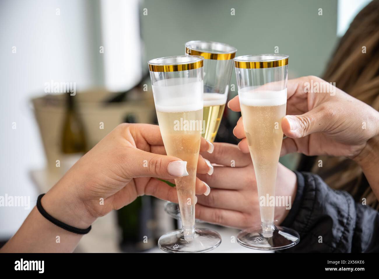 Champange flutes filled with bubbly are held by female hands as a toast ...
