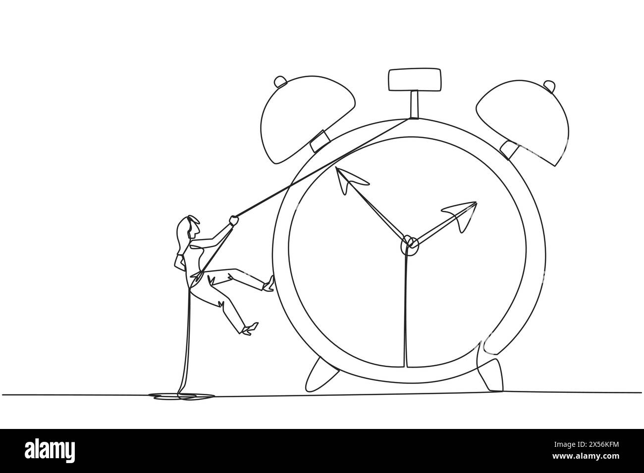 Single continuous line drawing businesswoman climbing alarm clock with ...